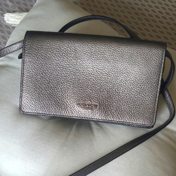 Coach | Bags | Coach Leather Metallic Charcoal Grey Crossbody Clutch ...